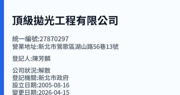 頂級拋光工程有限公司的照片-統編 27870297(新北市) 公司登記資料與營業項目詳細圖表