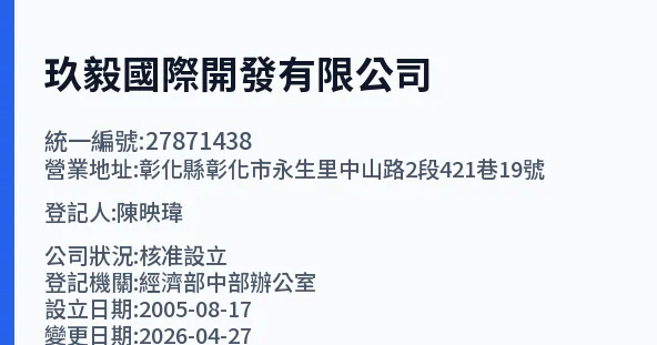 玖毅國際開發有限公司的照片-統編 27871438(彰化縣) 公司登記資料與營業項目詳細圖表