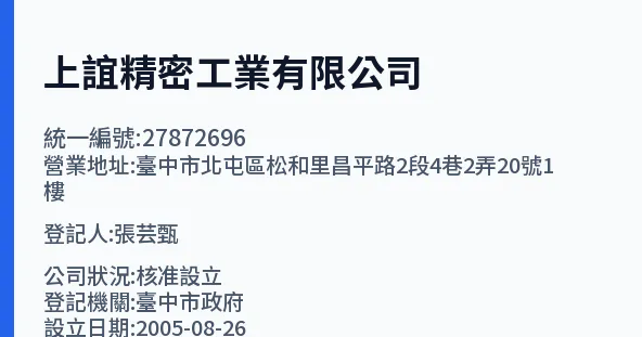 上誼精密工業有限公司的照片-統編 27872696(臺中市) 公司登記資料與營業項目詳細圖表