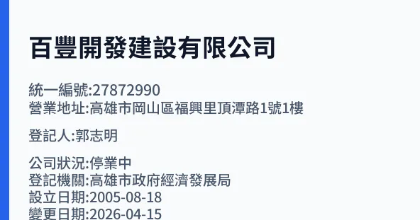 百豐開發建設有限公司的照片-統編 27872990(高雄市) 公司登記資料與營業項目詳細圖表