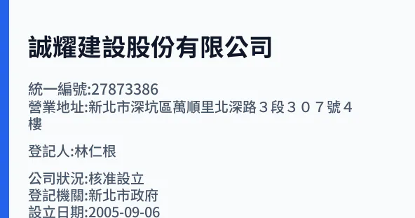 誠耀建設股份有限公司的照片-統編 27873386(新北市) 公司登記資料與營業項目詳細圖表