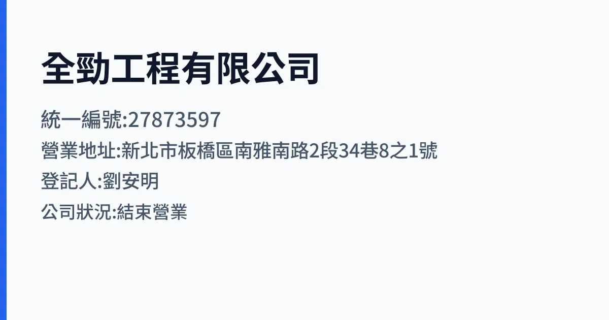 全勁工程有限公司 - 統編 27873597(新北市) 公司登記資料與營業項目詳細圖表
