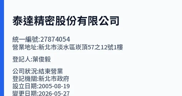泰達精密股份有限公司的照片-統編 27874054(新北市) 公司登記資料與營業項目詳細圖表