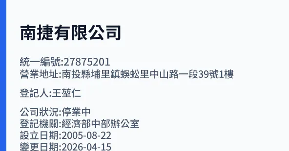 南捷有限公司的照片-統編 27875201(南投縣) 公司登記資料與營業項目詳細圖表