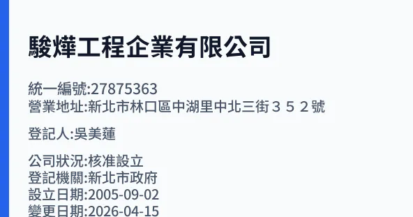 駿燁工程企業有限公司的照片-統編 27875363(新北市) 公司登記資料與營業項目詳細圖表