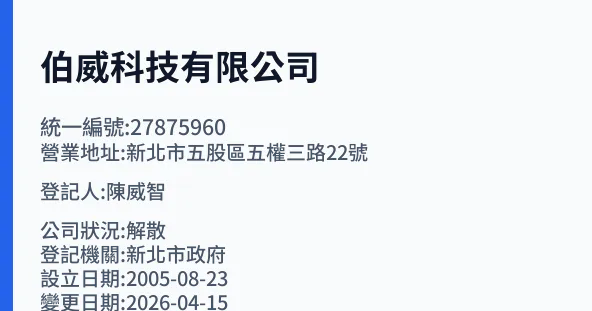 伯威科技有限公司的照片-統編 27875960(新北市) 公司登記資料與營業項目詳細圖表