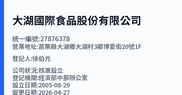 大湖國際食品股份有限公司的照片-統編 27876378(苗栗縣) 公司登記資料與營業項目詳細圖表