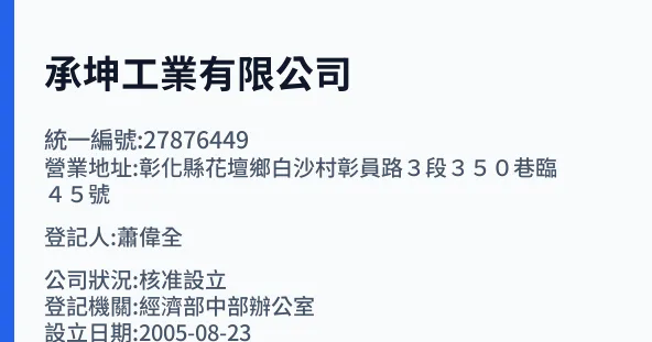 承坤工業有限公司的照片-統編 27876449(彰化縣) 公司登記資料與營業項目詳細圖表