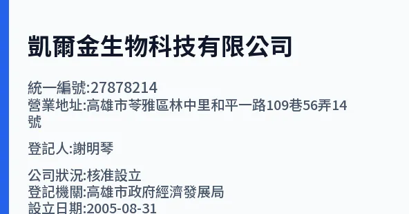凱爾金生物科技有限公司的照片-統編 27878214(高雄市) 公司登記資料與營業項目詳細圖表
