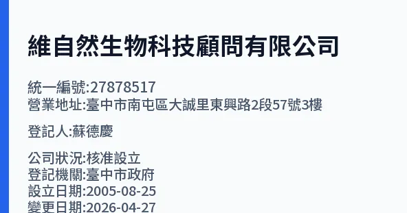 維自然生物科技顧問有限公司的照片-統編 27878517(臺中市) 公司登記資料與營業項目詳細圖表