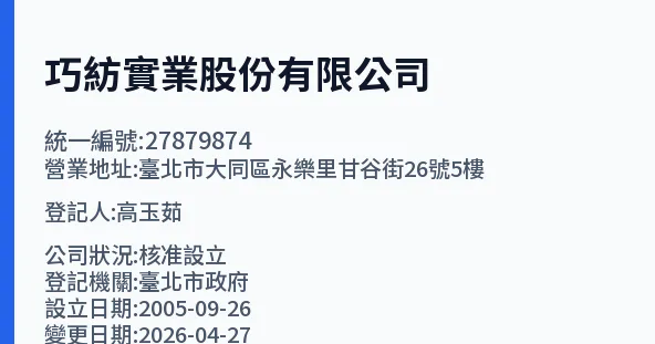 巧紡實業股份有限公司的照片-統編 27879874(臺北市) 公司登記資料與營業項目詳細圖表