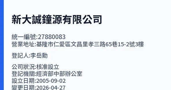 新大誠鐘源有限公司的照片-統編 27880083(基隆市) 公司登記資料與營業項目詳細圖表