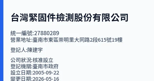 台灣緊固件檢測股份有限公司的照片-統編 27880289(臺南市) 公司登記資料與營業項目詳細圖表