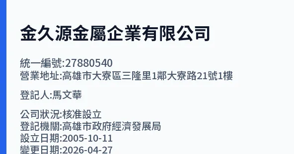 金久源金屬企業有限公司的照片-統編 27880540(高雄市) 公司登記資料與營業項目詳細圖表