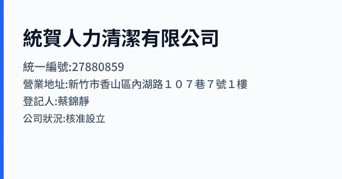 統賀人力清潔有限公司 - 統編 27880859(新竹市) 公司登記資料與營業項目詳細圖表