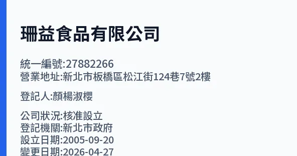 珊益食品有限公司的照片-統編 27882266(新北市) 公司登記資料與營業項目詳細圖表