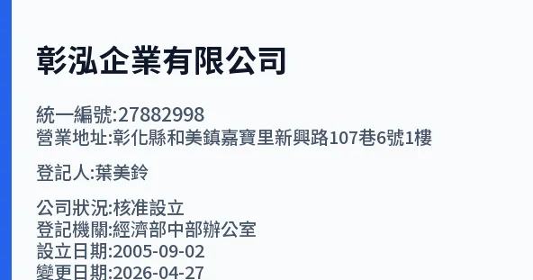 彰泓企業有限公司的照片-統編 27882998(彰化縣) 公司登記資料與營業項目詳細圖表