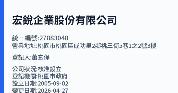 宏銳企業股份有限公司的照片-統編 27883048(桃園市) 公司登記資料與營業項目詳細圖表