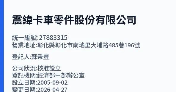 震緯卡車零件股份有限公司的照片-統編 27883315(彰化縣) 公司登記資料與營業項目詳細圖表