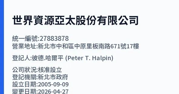 世界資源亞太股份有限公司的照片-統編 27883878(新北市) 公司登記資料與營業項目詳細圖表