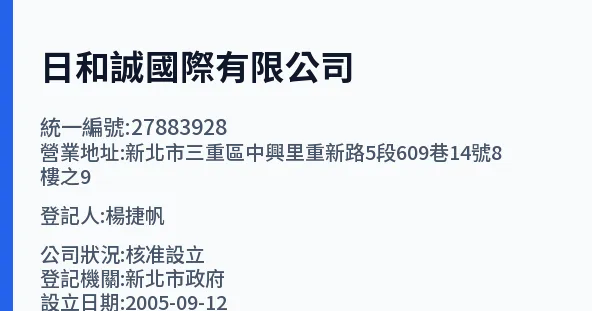 日和誠國際有限公司的照片-統編 27883928(新北市) 公司登記資料與營業項目詳細圖表