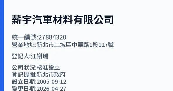薪宇汽車材料有限公司的照片-統編 27884320(新北市) 公司登記資料與營業項目詳細圖表