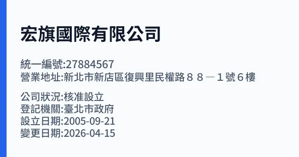 宏旗國際有限公司的照片-統編 27884567(新北市) 公司登記資料與營業項目詳細圖表