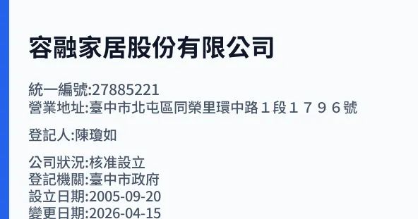 容融家居股份有限公司的照片-統編 27885221(臺中市) 公司登記資料與營業項目詳細圖表
