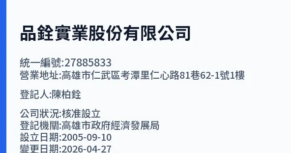品銓實業股份有限公司的照片-統編 27885833(高雄市) 公司登記資料與營業項目詳細圖表