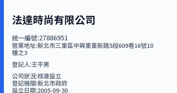 法達時尚有限公司的照片-統編 27886951(新北市) 公司登記資料與營業項目詳細圖表