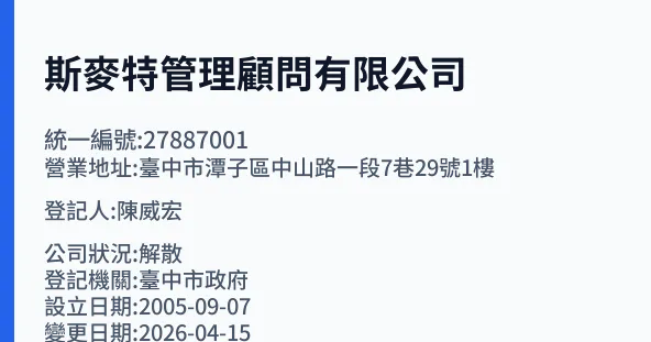 斯麥特管理顧問有限公司的照片-統編 27887001(臺中市) 公司登記資料與營業項目詳細圖表