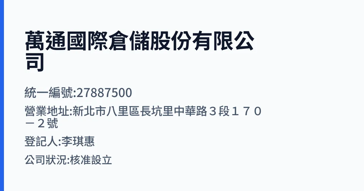 萬通國際倉儲股份有限公司 - 統編 27887500(新北市) 公司登記資料與營業項目詳細圖表