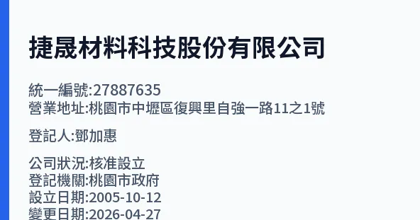 捷晟材料科技股份有限公司的照片-統編 27887635(桃園市) 公司登記資料與營業項目詳細圖表