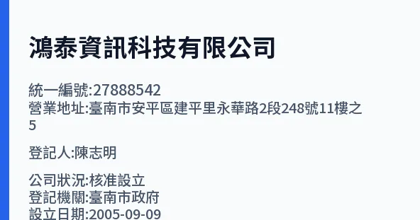 鴻泰資訊科技有限公司的照片-統編 27888542(臺南市) 公司登記資料與營業項目詳細圖表