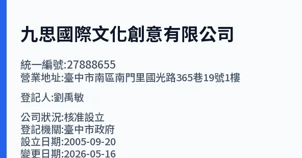 九思國際文化創意有限公司的照片-統編 27888655(臺中市) 公司登記資料與營業項目詳細圖表