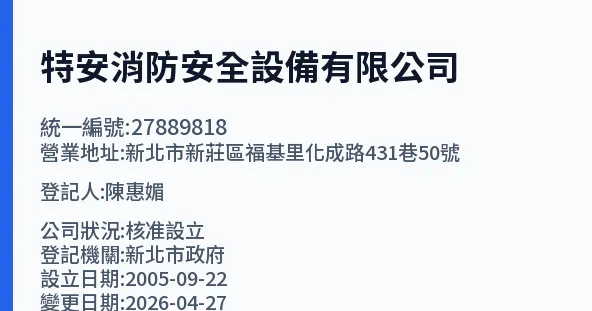 特安消防安全設備有限公司的照片-統編 27889818(新北市) 公司登記資料與營業項目詳細圖表