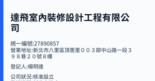 達飛室內裝修設計工程有限公司的照片-統編 27890857(新北市) 公司登記資料與營業項目詳細圖表