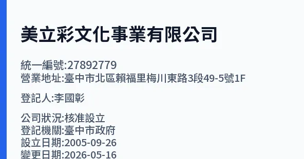美立彩文化事業有限公司的照片-統編 27892779(臺中市) 公司登記資料與營業項目詳細圖表