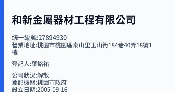 和新金屬器材工程有限公司的照片-統編 27894930(桃園市) 公司登記資料與營業項目詳細圖表