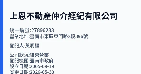 上恩不動產仲介經紀有限公司的照片-統編 27896233(臺南市) 公司登記資料與營業項目詳細圖表