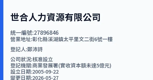 世合人力資源有限公司的照片-統編 27896846(彰化縣) 公司登記資料與營業項目詳細圖表