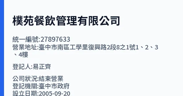 樸苑餐飲管理有限公司的照片-統編 27897633(臺中市) 公司登記資料與營業項目詳細圖表