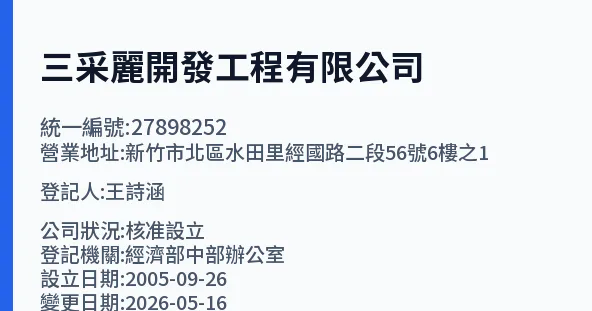 三采麗開發工程有限公司的照片-統編 27898252(新竹市) 公司登記資料與營業項目詳細圖表