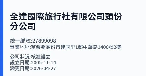 全達國際旅行社有限公司頭份分公司的照片-統編 27899098(苗栗縣) 公司登記資料與營業項目詳細圖表