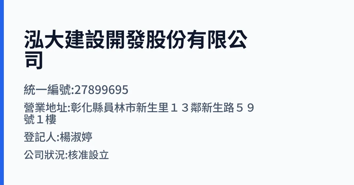 泓大建設開發股份有限公司 - 統編 27899695(彰化縣) 公司登記資料與營業項目詳細圖表