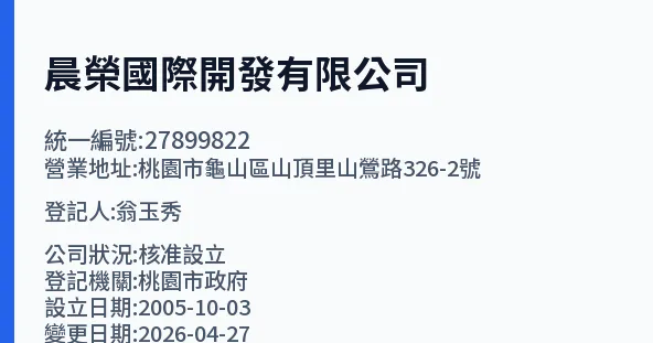 晨榮國際開發有限公司的照片-統編 27899822(桃園市) 公司登記資料與營業項目詳細圖表