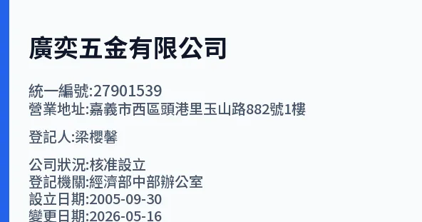 廣奕五金有限公司的照片-統編 27901539(嘉義市) 公司登記資料與營業項目詳細圖表