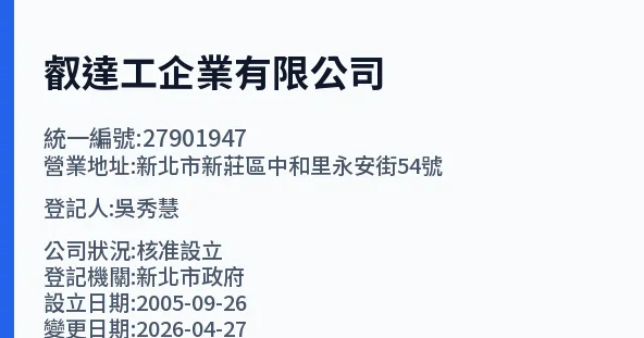 叡達工企業有限公司的照片-統編 27901947(新北市) 公司登記資料與營業項目詳細圖表