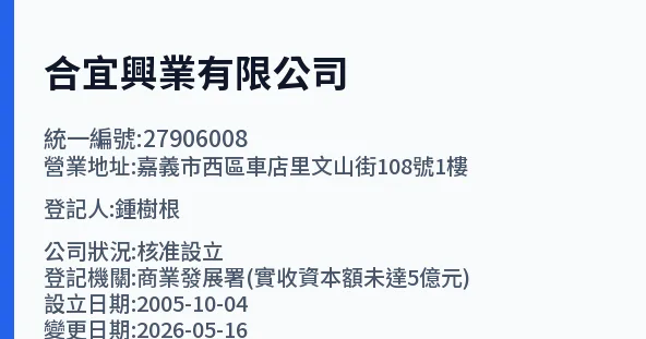 合宜興業有限公司的照片-統編 27906008(嘉義市) 公司登記資料與營業項目詳細圖表