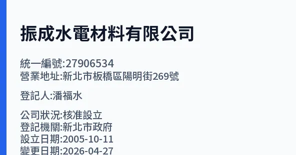 振成水電材料有限公司的照片-統編 27906534(新北市) 公司登記資料與營業項目詳細圖表